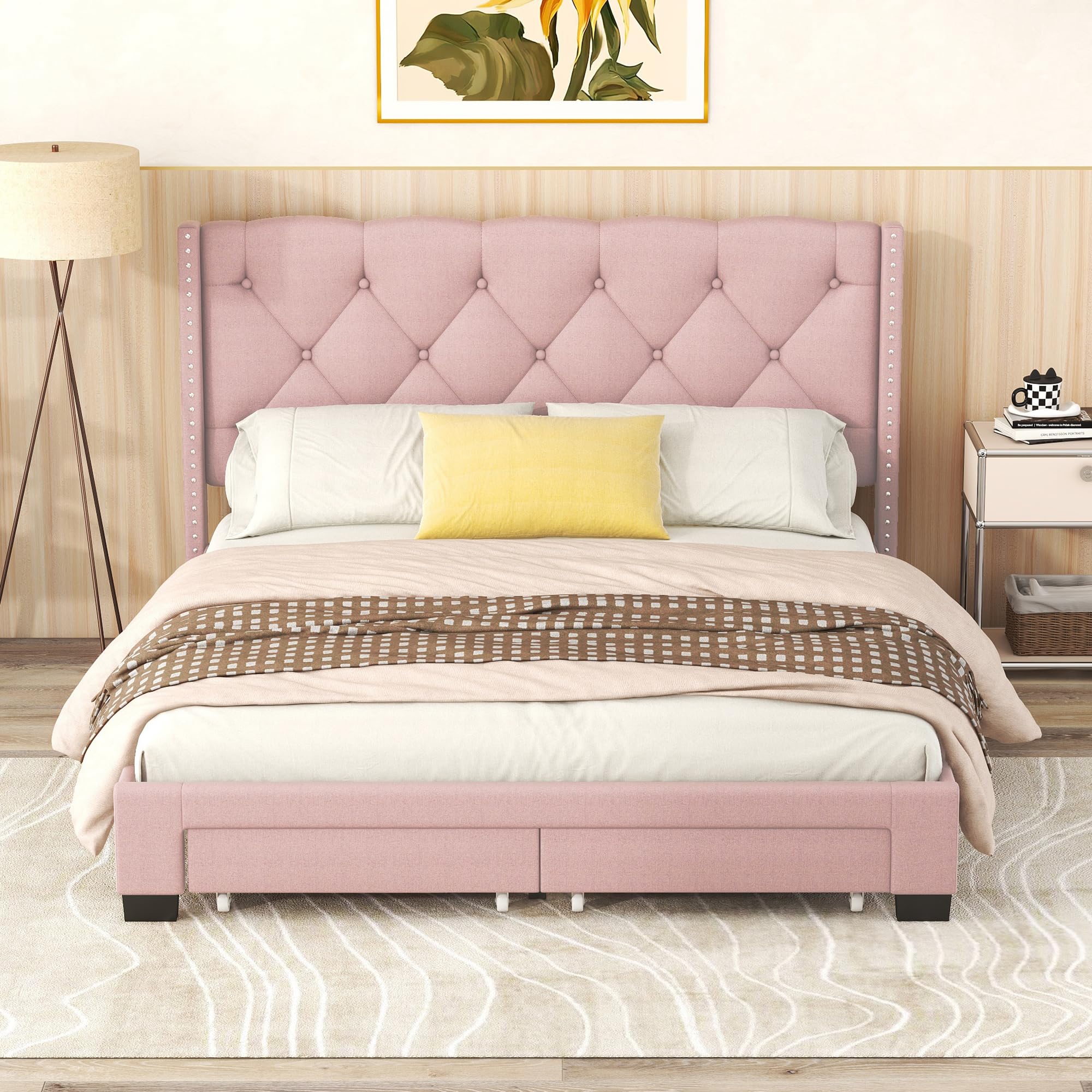 Upholstered Queen Size Platform Bed with 2 Drawer,Linen Fabric Solid Wood Bed Frame with Tufted Nail Head Board. Suitable for Children and Teenagers (Pink#1^)