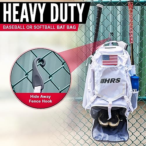 Hit Run Steal White Softball Baseball Bag - Holds 4 Bats, Glove, Water Bottle, Shoe Compartment, Helmet, Fence Hook for Equipment & Gear