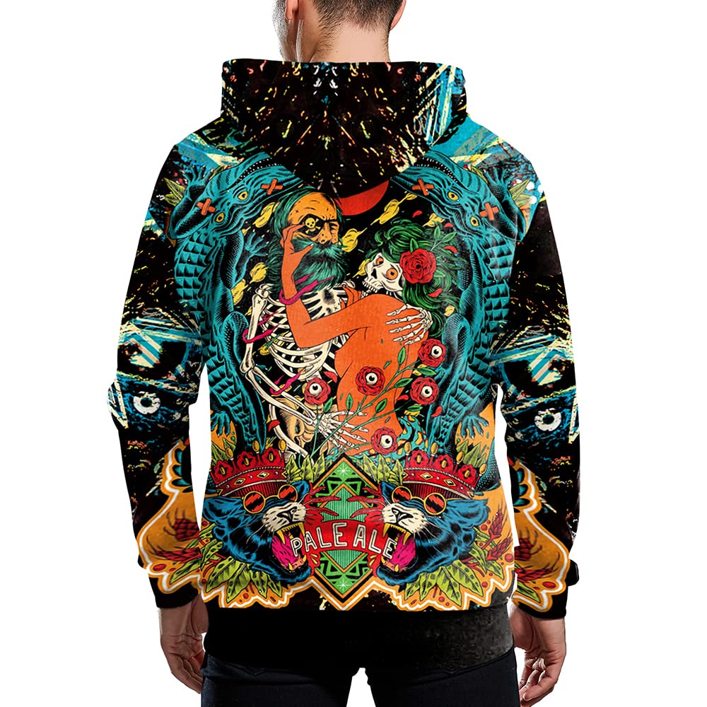 Rcimuue Men's Cool Tie Dyed Skull Skeleton Design Pattern Print Long Sleeves Costume Hoodie Pullover Black Green