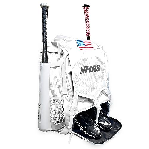 Hit Run Steal White Softball Baseball Bag - Holds 4 Bats, Glove, Water Bottle, Shoe Compartment, Helmet, Fence Hook for Equipment & Gear