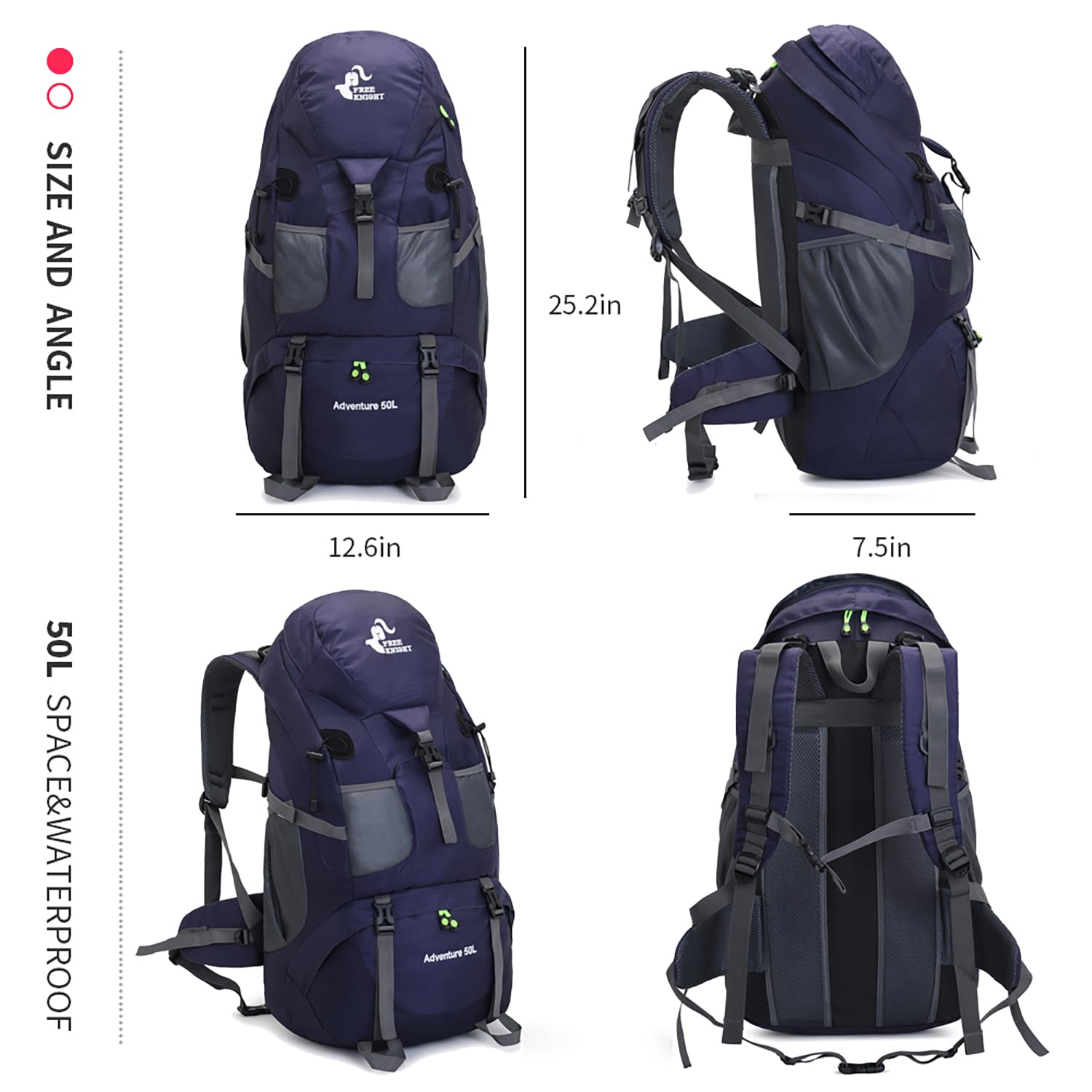 Bseash 50L Hiking Backpack, Water Resistant Lightweight Outdoor Sport Daypack Travel Bag for Camping Climbing Skiing Cycling (Dark Purple - With Shoe Compartment)