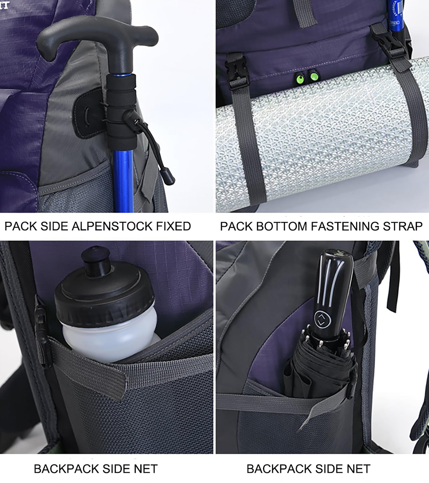 Bseash 50L Hiking Backpack, Water Resistant Lightweight Outdoor Sport Daypack Travel Bag for Camping Climbing Skiing Cycling (Dark Purple - With Shoe Compartment)