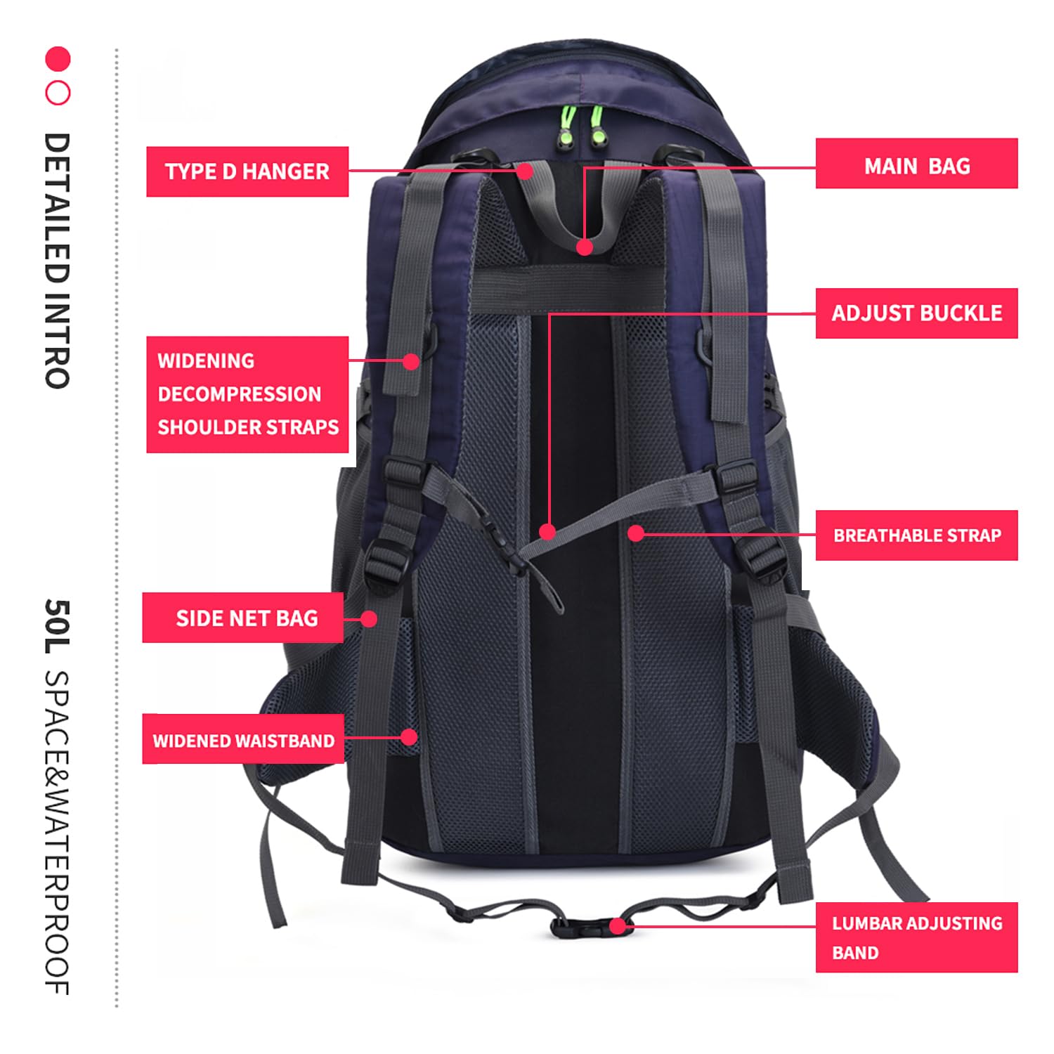 Bseash 50L Hiking Backpack, Water Resistant Lightweight Outdoor Sport Daypack Travel Bag for Camping Climbing Skiing Cycling (Dark Purple - With Shoe Compartment)