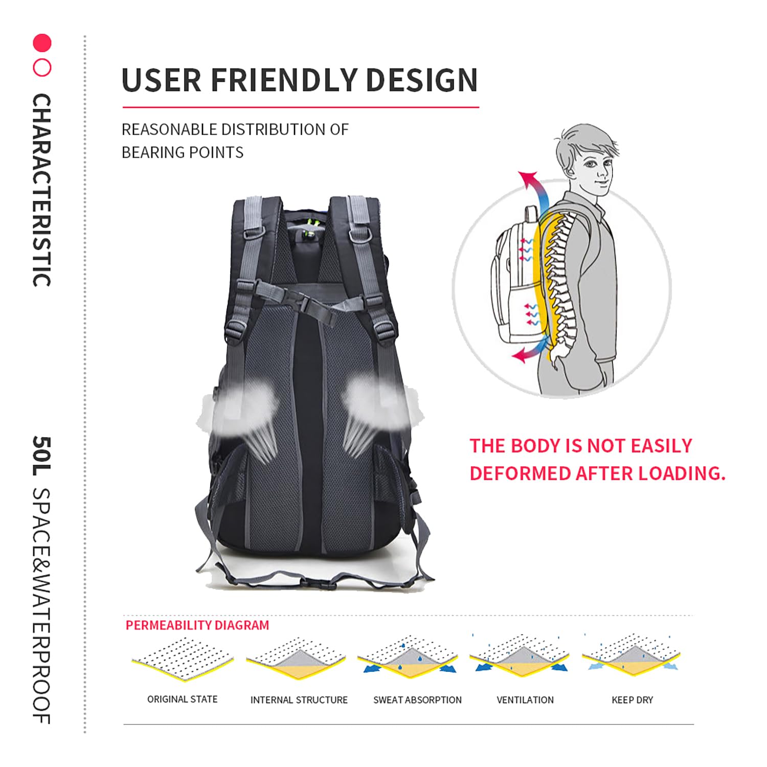 Bseash 50L Hiking Backpack, Water Resistant Lightweight Outdoor Sport Daypack Travel Bag for Camping Climbing Skiing Cycling (Dark Purple - With Shoe Compartment)