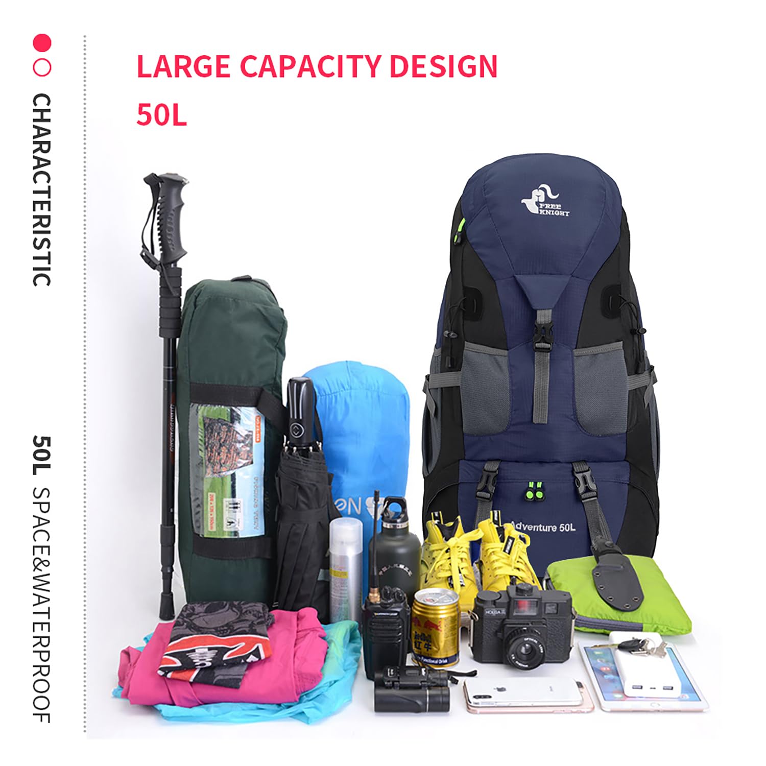 Bseash 50L Hiking Backpack, Water Resistant Lightweight Outdoor Sport Daypack Travel Bag for Camping Climbing Skiing Cycling (Dark Purple - With Shoe Compartment)