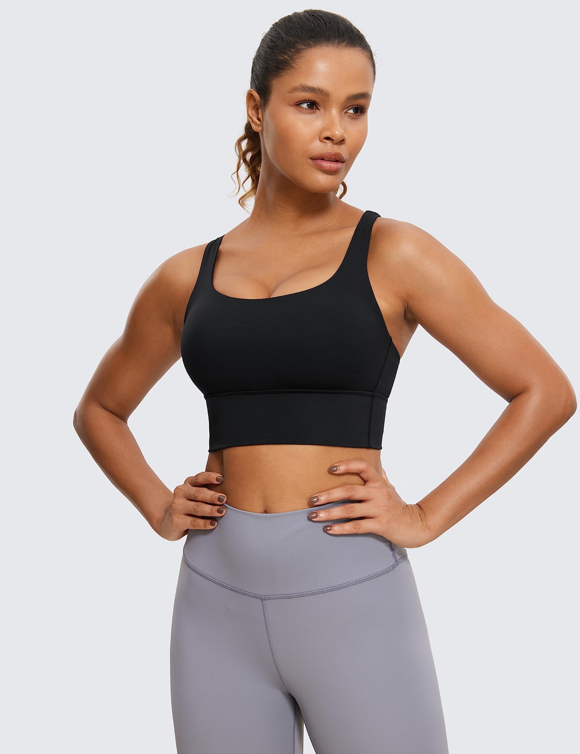 CRZ YOGA Womens Strappy Longline Sports Bra - Medium Impact Criss Cross Yoga Padded Workout Crop Top Black Medium