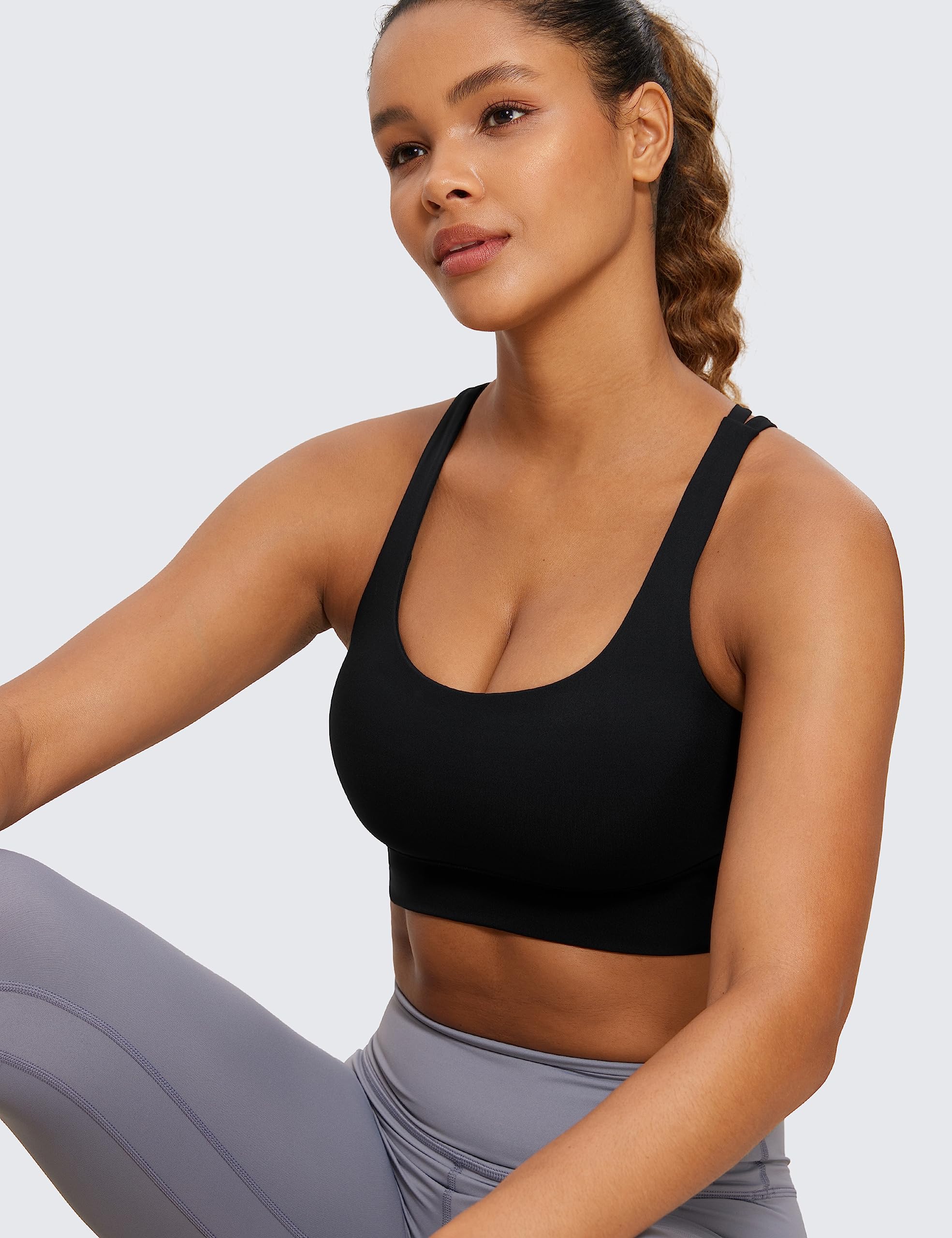 CRZ YOGA Womens Strappy Longline Sports Bra - Medium Impact Criss Cross Yoga Padded Workout Crop Top Black Medium