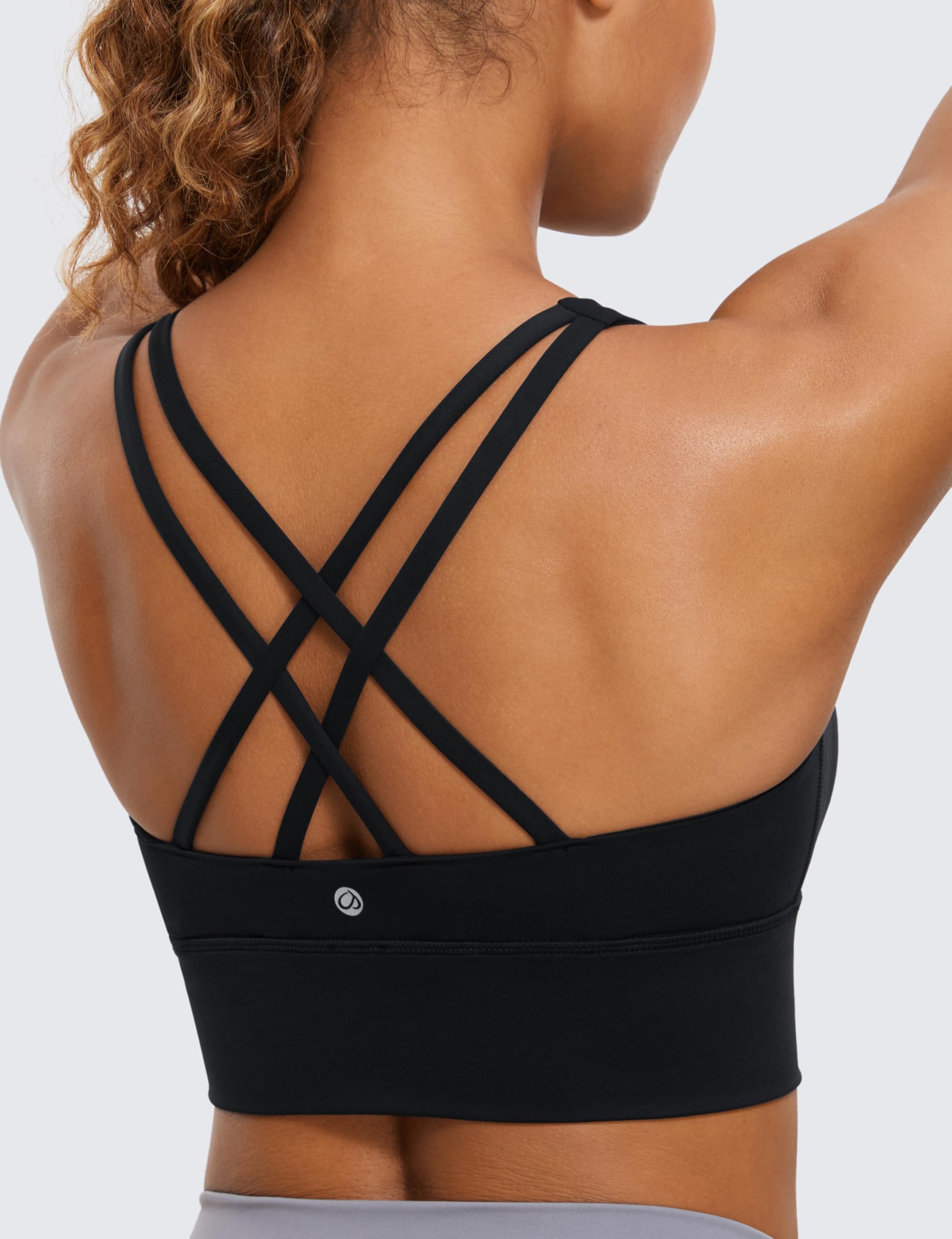 CRZ YOGA Womens Strappy Longline Sports Bra - Medium Impact Criss Cross Yoga Padded Workout Crop Top Black Medium