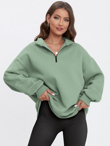 ATHMILE Womens Oversized Half Zip Pullover Long Sleeve Sweatshirt Quarter Zip Hoodie Sweater Teen Girls Fall Y2K Clothes Lightgreen