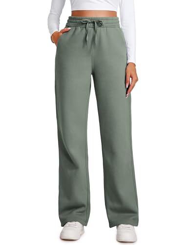 CRZ YOGA Cotton Fleece Lined Sweatpants Women 30" Straight Leg Casual Lounge Sweat Pants for Women Grey Sage Small