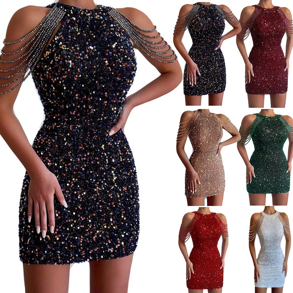 KELYWELL Women's Sequins Halter Neck Bodycon Mini Dress Sleeveless Tassel Glitter Slim Fitted Party Cocktail Short Dress (02 Wine Red,XX-Large)