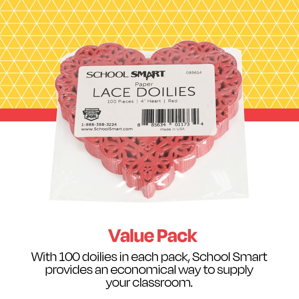 School Smart 85614 Heart Shaped Paper Lace Doilies - 4 inch - Pack of 100 - Red