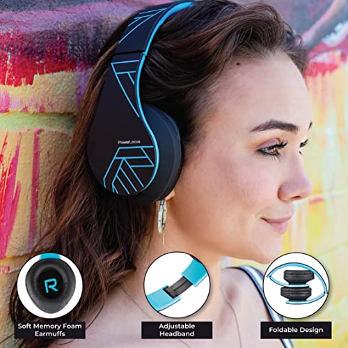 PowerLocus Bluetooth Headphones Over Ear, Wireless Headphones with Microphone, Foldable Headphone, Soft Memory Foam Earmuffs & Lightweight, Micro SD/TF, FM Radio for iPhone/Android/Tablet/PC/TV (Blue)