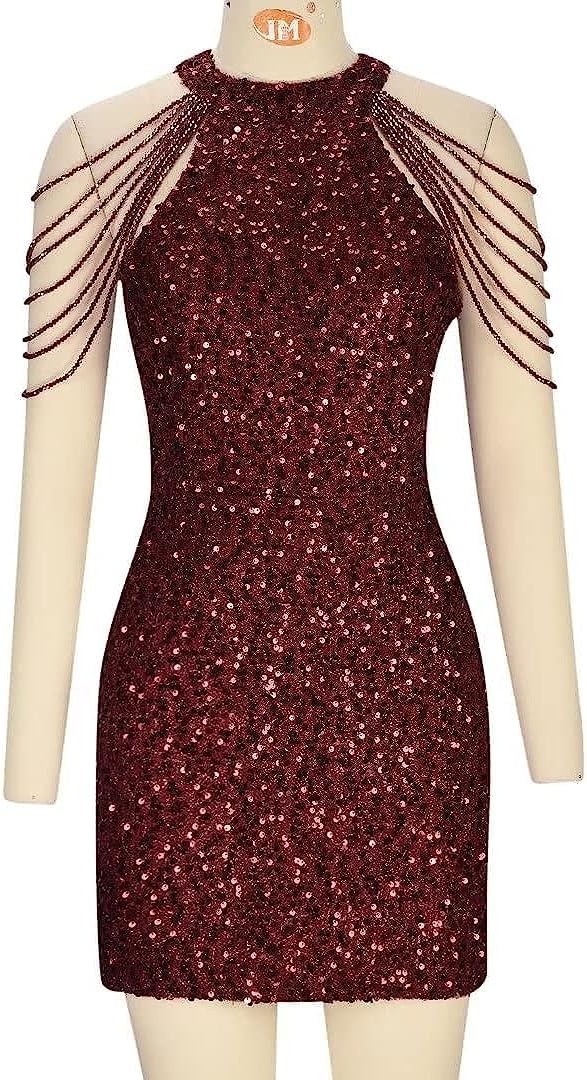 KELYWELL Women's Sequins Halter Neck Bodycon Mini Dress Sleeveless Tassel Glitter Slim Fitted Party Cocktail Short Dress (02 Wine Red,XX-Large)