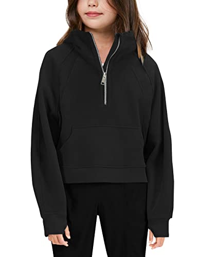 Girls' Hoodies Sweatshirts Half Zipper Pullover Crop Tops for Teen Girls Long Sleeve Sweater Thumb Hole Black