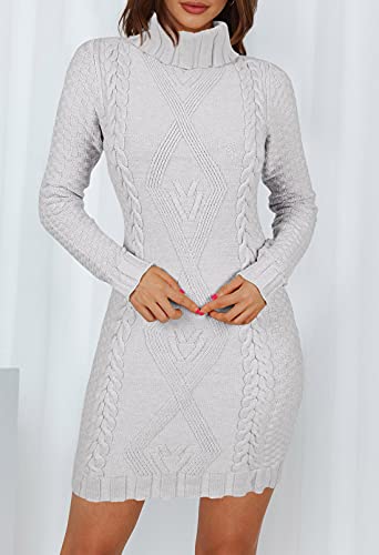 LaSuiveur Women's Slim Fit Cable Knit Long Sleeve Sweater Dress (S, Turtleneck Light Grey)
