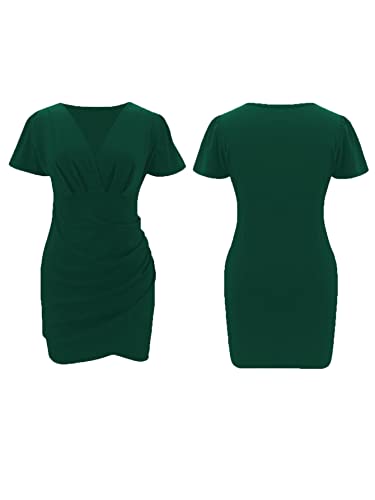LYANER Women's Warp V Neck Ruched Short Sleeve Cocktail Bodycon T Shirt Mini Dress Dark Green Medium
