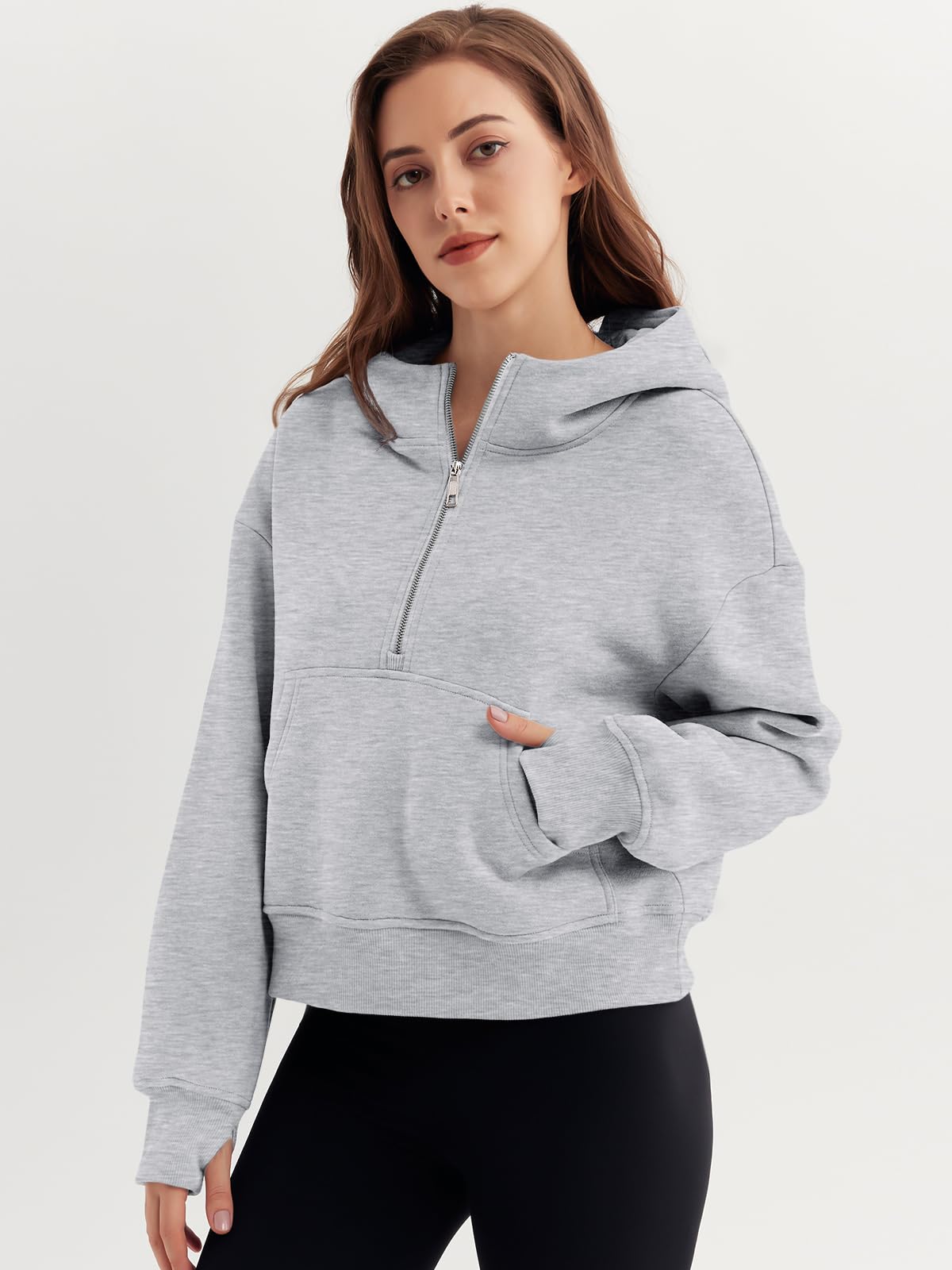 Trendy Queen Womens Hoodies Quarter Half Zip Pullover Oversized Sweatshirts Half With Pockets Fall Clothes GreyM