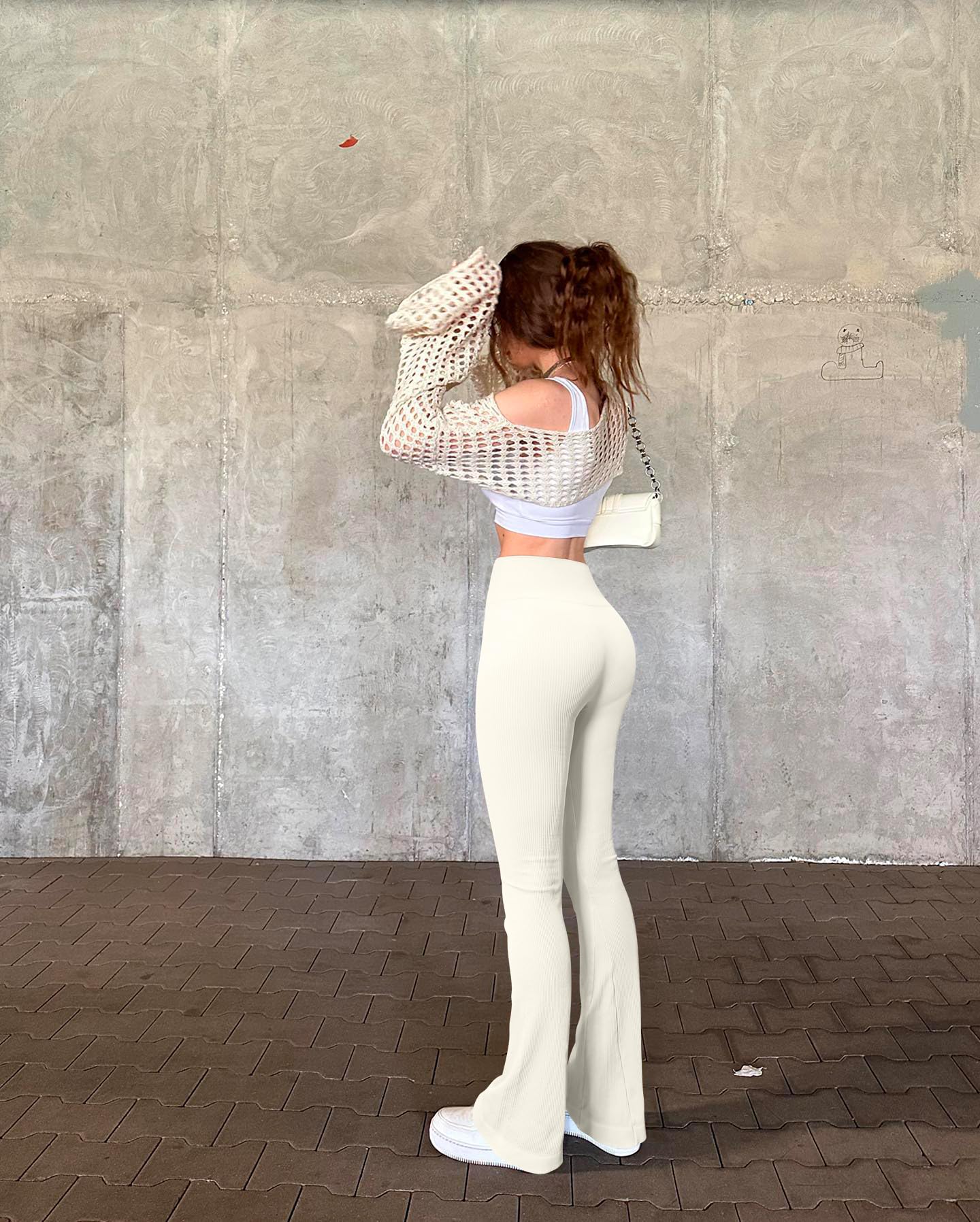 OQQ Women's 2 Piece Yoga Pants Ribbed Seamless Workout High Waist Bell Bottoms Flare Leggings Black Beige