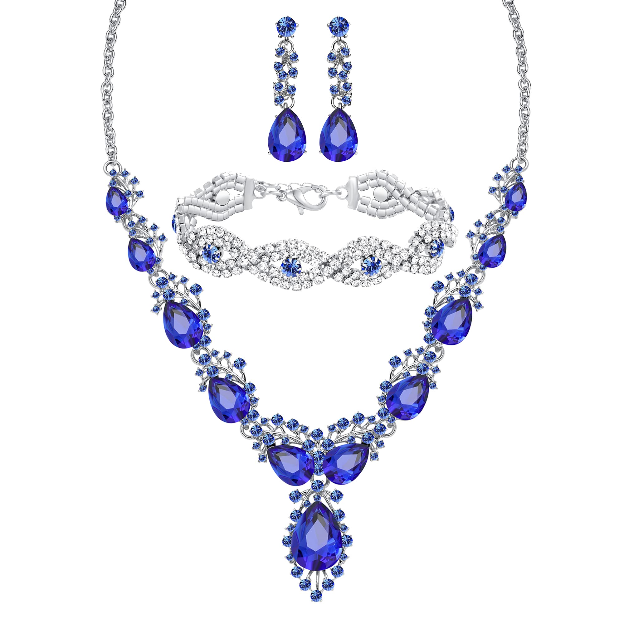 3 Pieces Wedding Bridal Rhinestone Crystal Jewelry Set Statement Necklace Bracelet Teardrop Dangle Earrings Set for Women fit with Bridesmaid Wedding Party Prom Dress Jewelry Set