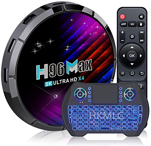 Android TV Box, H96MAX Android 11.0 TV Box Amlogic S905X4 4GB RAM 32GB ROM Android Box, 1000M LAN 2.4G/5G WiFi with 8K/6K/3D/USB 3.0/BT 4.2 TV Box with Wireless Backlit Keyboard