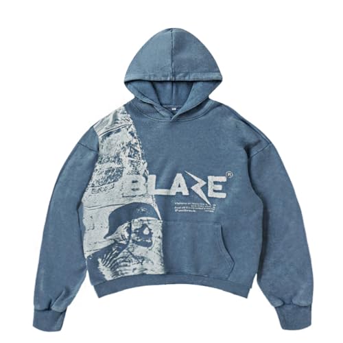 CUTEGAL Y2K Hoodie Denim Grunge Hoodie Streetwear Clothes Casual Oversize Blaze Print Pattern Skull Hoodie Unisex 2023AW (Blue,M,Medium)