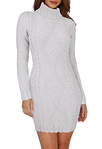 LaSuiveur Women's Slim Fit Cable Knit Long Sleeve Sweater Dress (S, Turtleneck Light Grey)