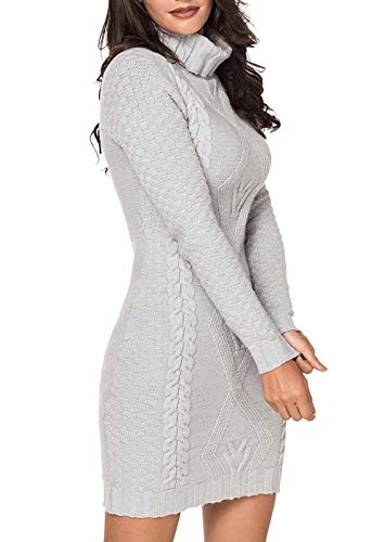 LaSuiveur Women's Slim Fit Cable Knit Long Sleeve Sweater Dress (S, Turtleneck Light Grey)