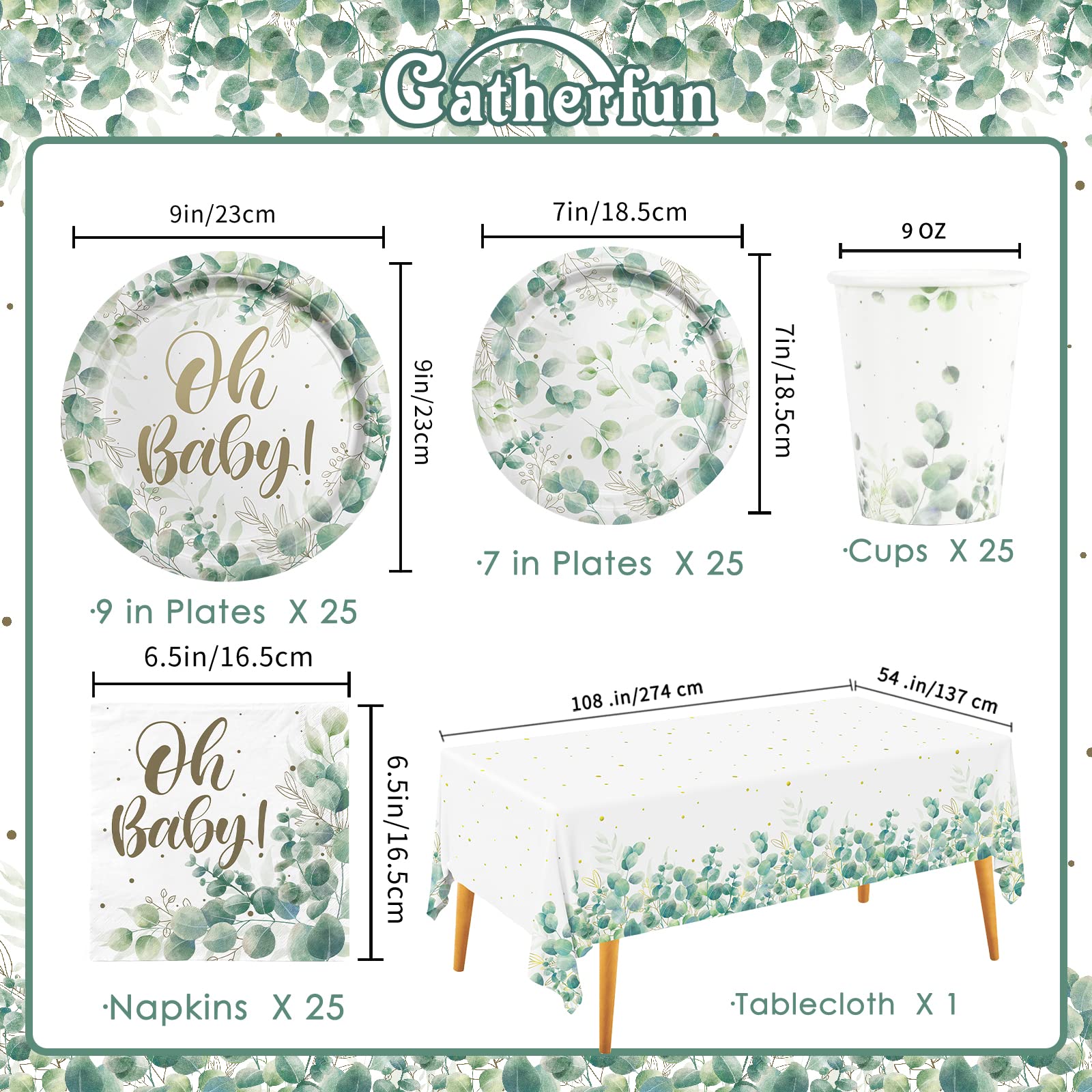 Sage Greenery Baby Shower Party Supplies Disposable Paper Plates Napkins Cups and Tablecloth for Boho Greency Party Decorations, Serve 25.