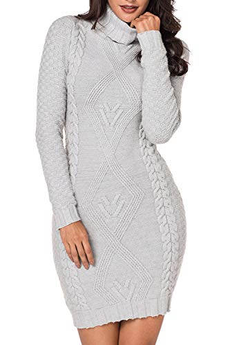 LaSuiveur Women's Slim Fit Cable Knit Long Sleeve Sweater Dress (S, Turtleneck Light Grey)
