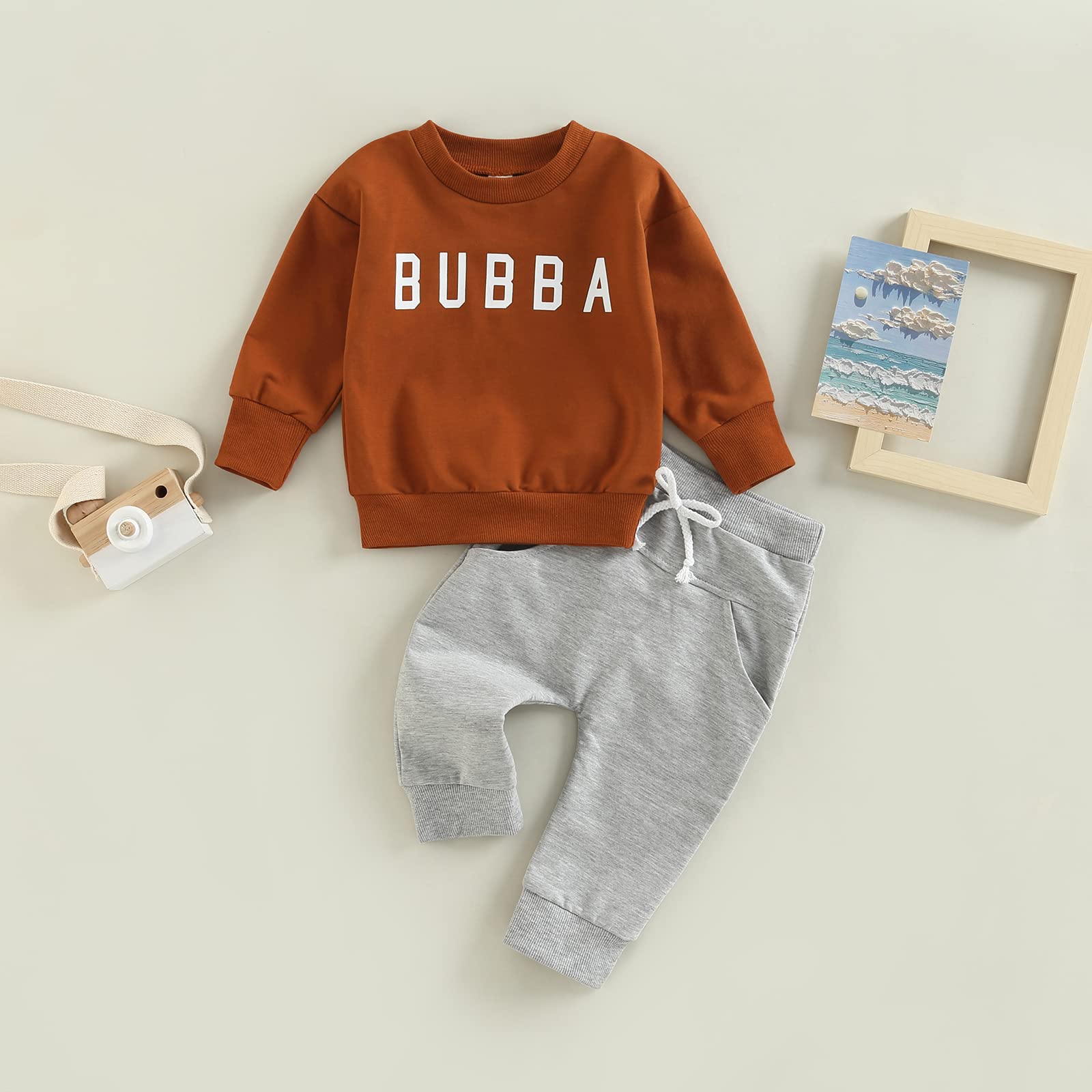 YOKJZJD Infant Toddler Baby Boy Fall Winter Outfits Letter Pullover Sweatshirt Long Sleeve T-Shirt Tops Pants Sweatsuit Clothes Set (Brown, 2-3T)