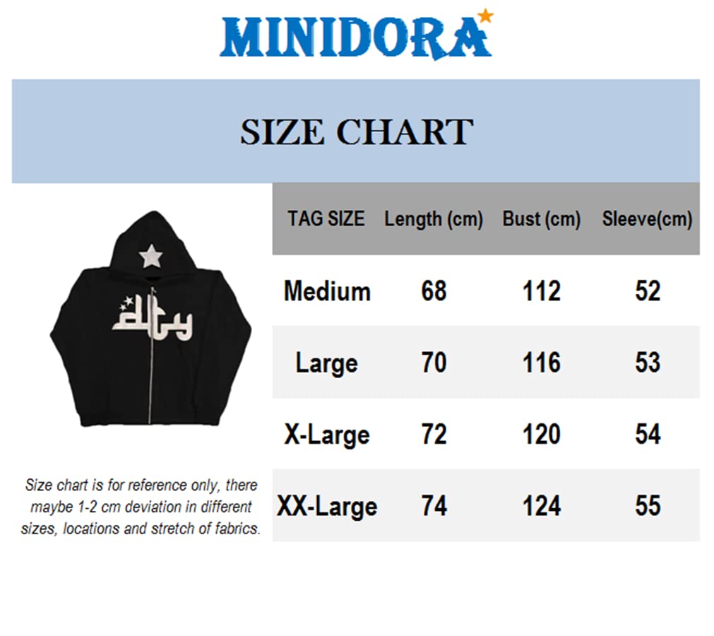 MINIDORA Men's Y2k Long Sleeved Zip Up Hoodies Pullover Sweatshirt Streetwear Punk Goth Aesthetic Hoodies Black Medium