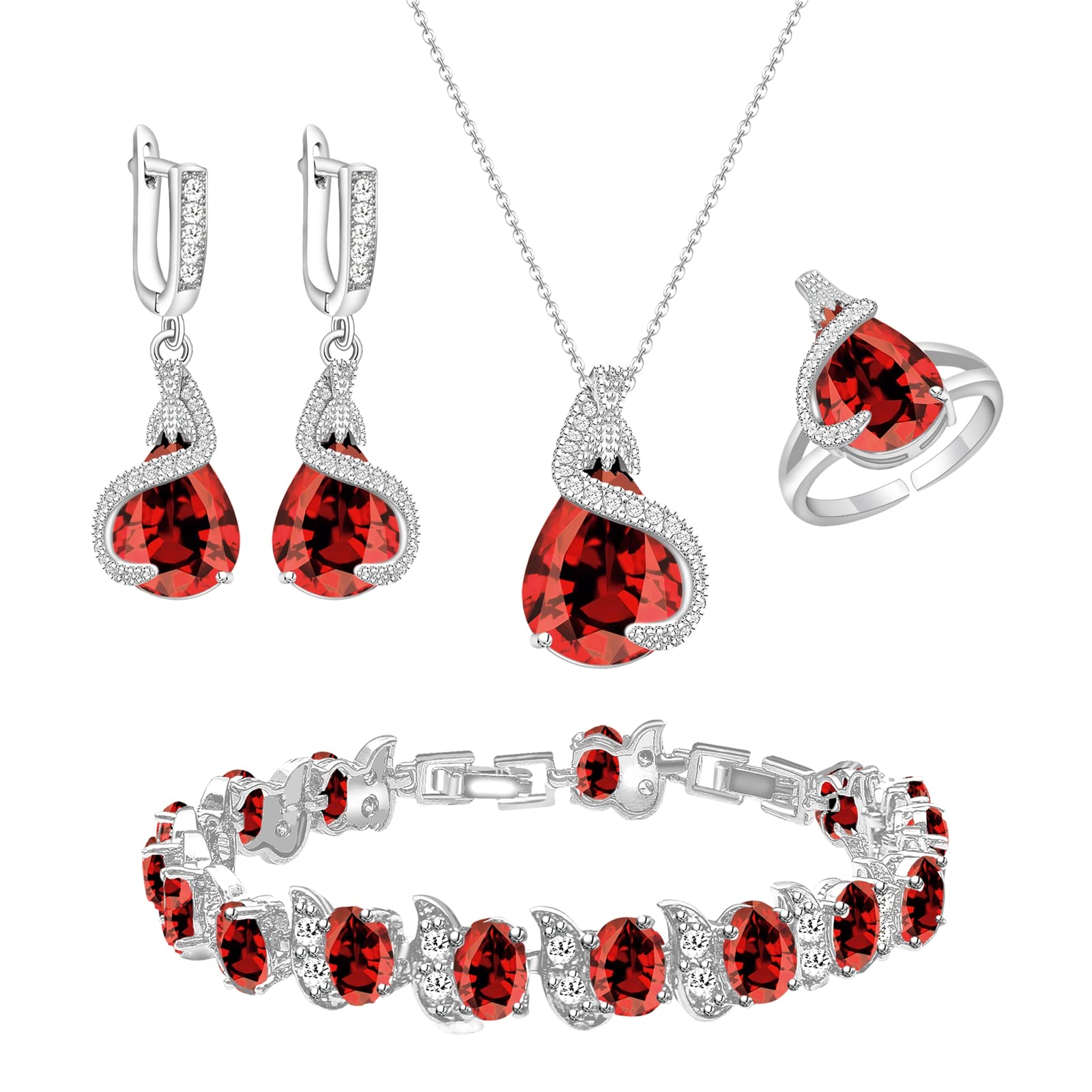 GZWHD Red Jewelry Set Created Waterdrop Garnet Earrings Necklace Open Ring Tennis Bracelet Set, Silver-Tone,Party Prom Wedding Jewelry Valentine's Day Gift for Women Lady