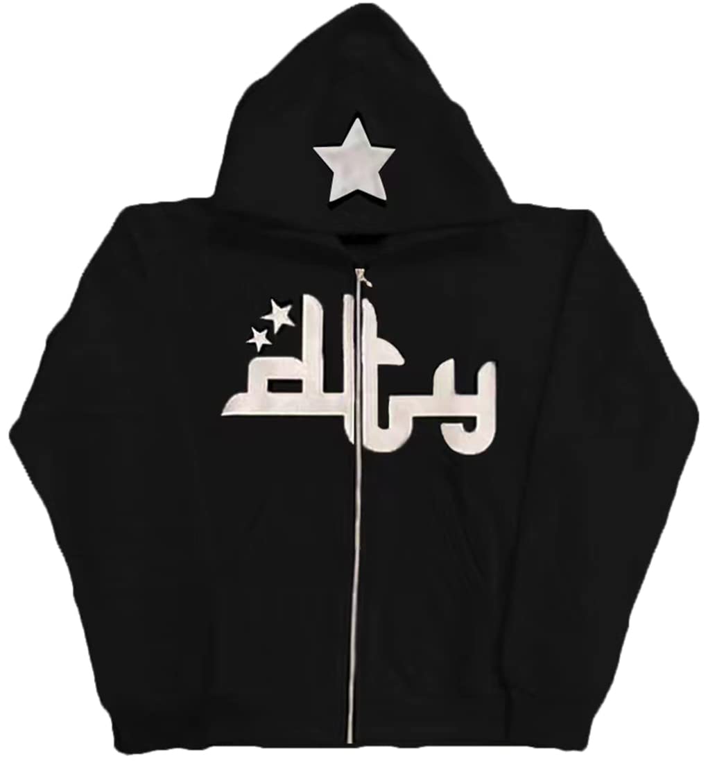MINIDORA Men's Y2k Long Sleeved Zip Up Hoodies Pullover Sweatshirt Streetwear Punk Goth Aesthetic Hoodies Black Medium