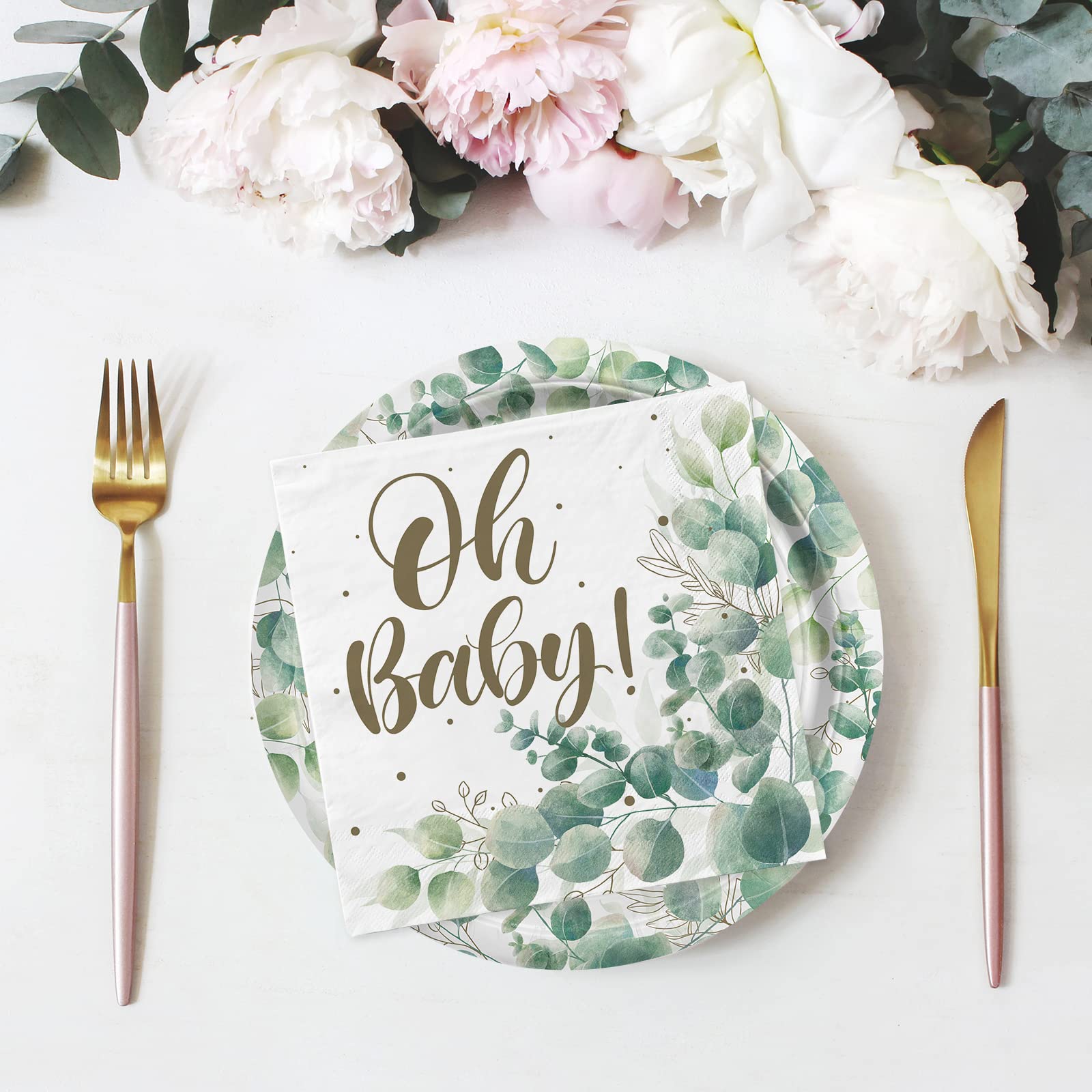 Sage Greenery Baby Shower Party Supplies Disposable Paper Plates Napkins Cups and Tablecloth for Boho Greency Party Decorations, Serve 25.