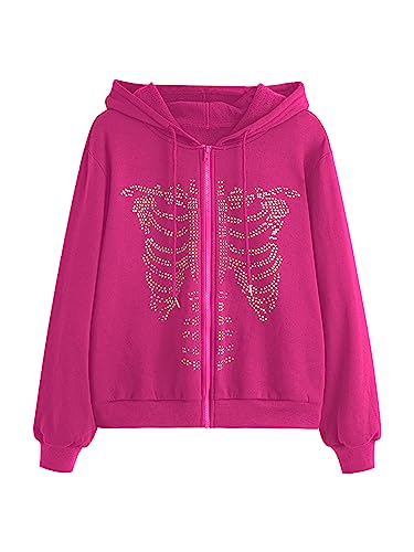 Floerns Women's Long Sleeve Zip Up Skeleton Hoodie Graphic Sweatshirt Jackets Hot Pink M