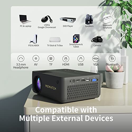 WEWATCH Native 1080P Mini Projector, 13500 Lumens Portable WiFi Bluetooth Projector, with 120 inch Projector Screen, Movie Projector for Home Outdoor Compatible with TV Stick, HDMI, iOS Android