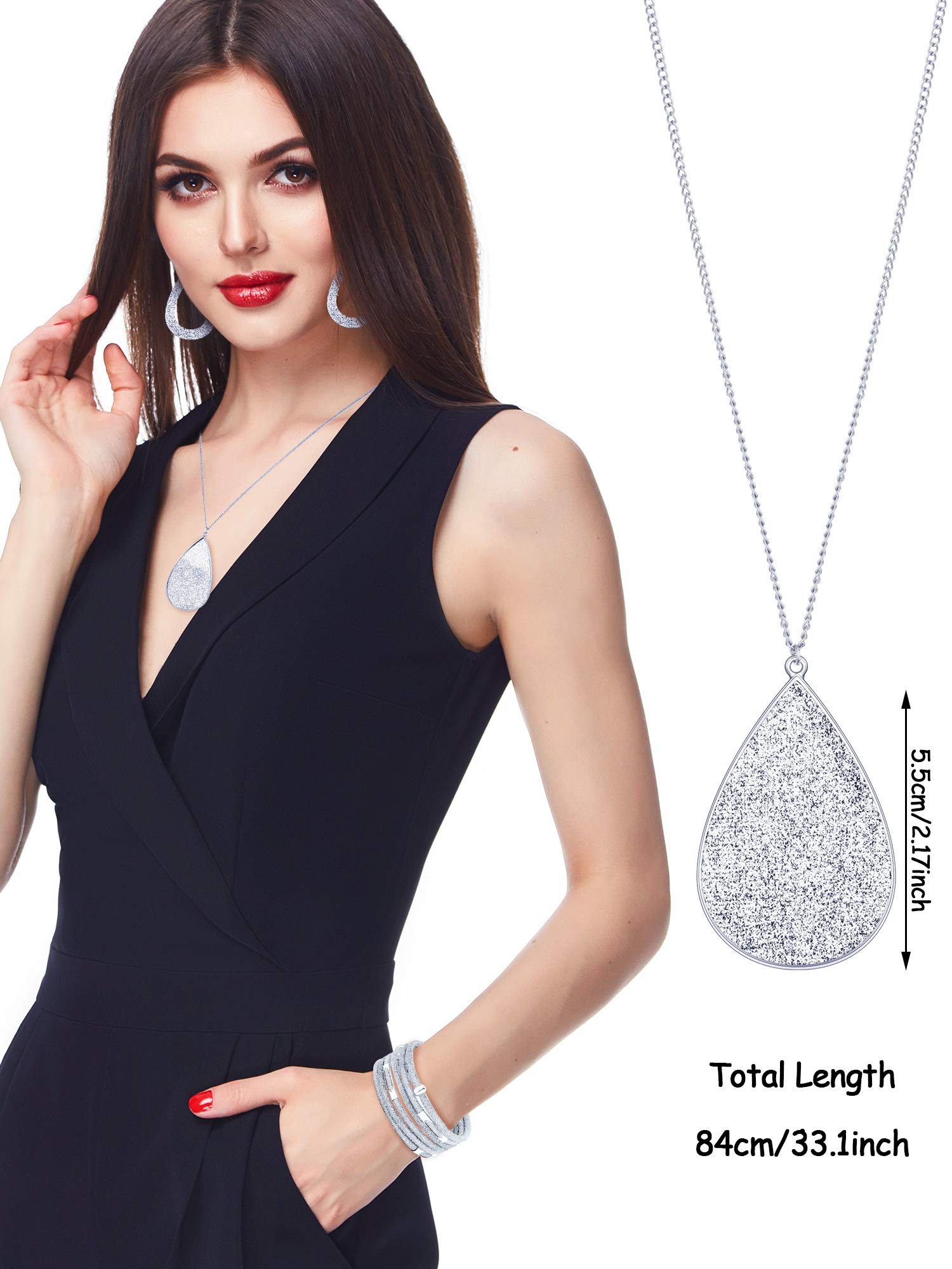 4 Pieces Women's Glitter Jewelry Set Bridal Wedding Multi-Layer Bracelet Faux Leather Dangle Earrings Necklace (Silver)