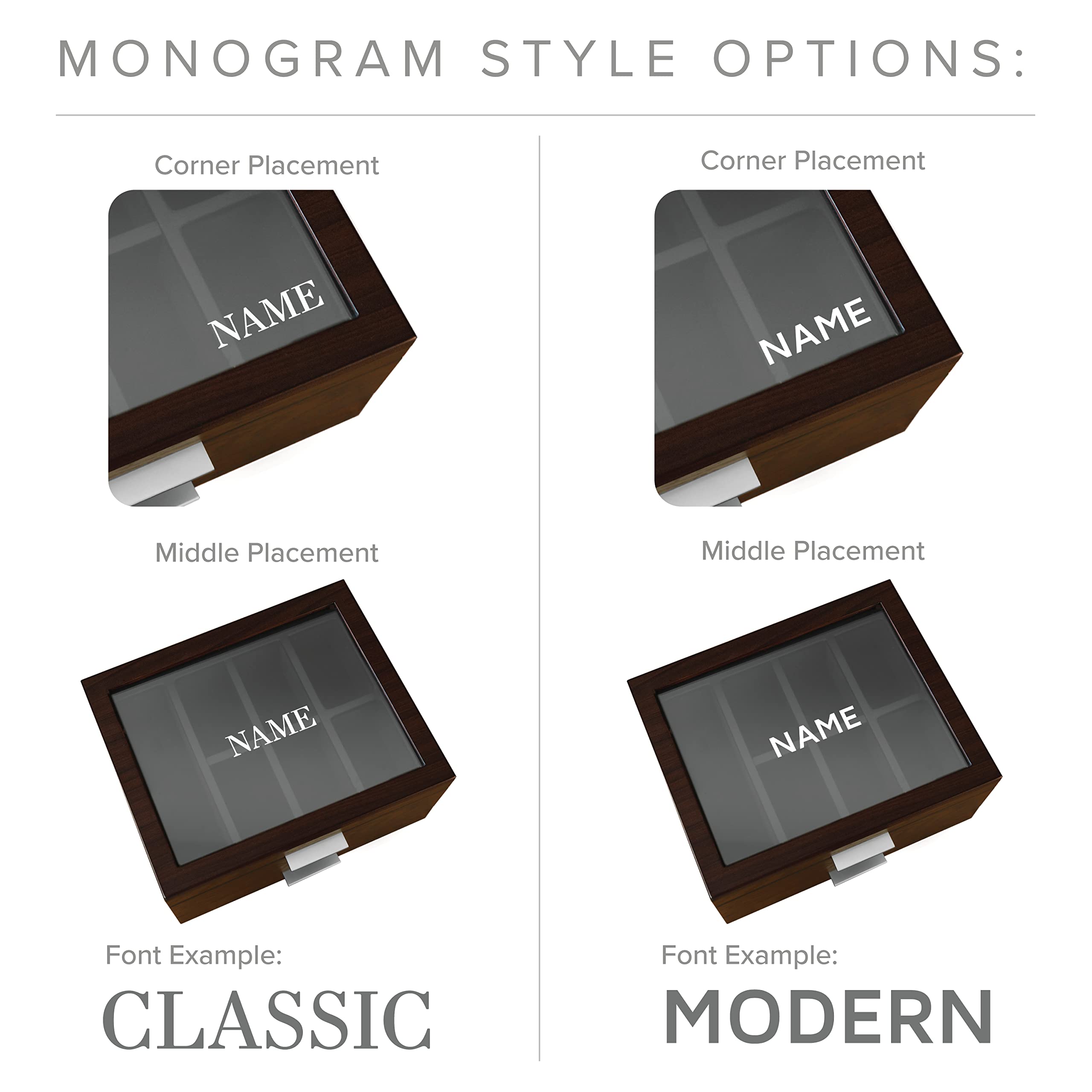 CASE ELEGANCE Monogrammed 8 Slot Watch Box Case Organizer for Men, Cherry Wood Walnut Finish, Watch Display Case, Modular Valet Tray, Compatible with Apple Watch Stand, Accessory Drawer, Pillow Stands