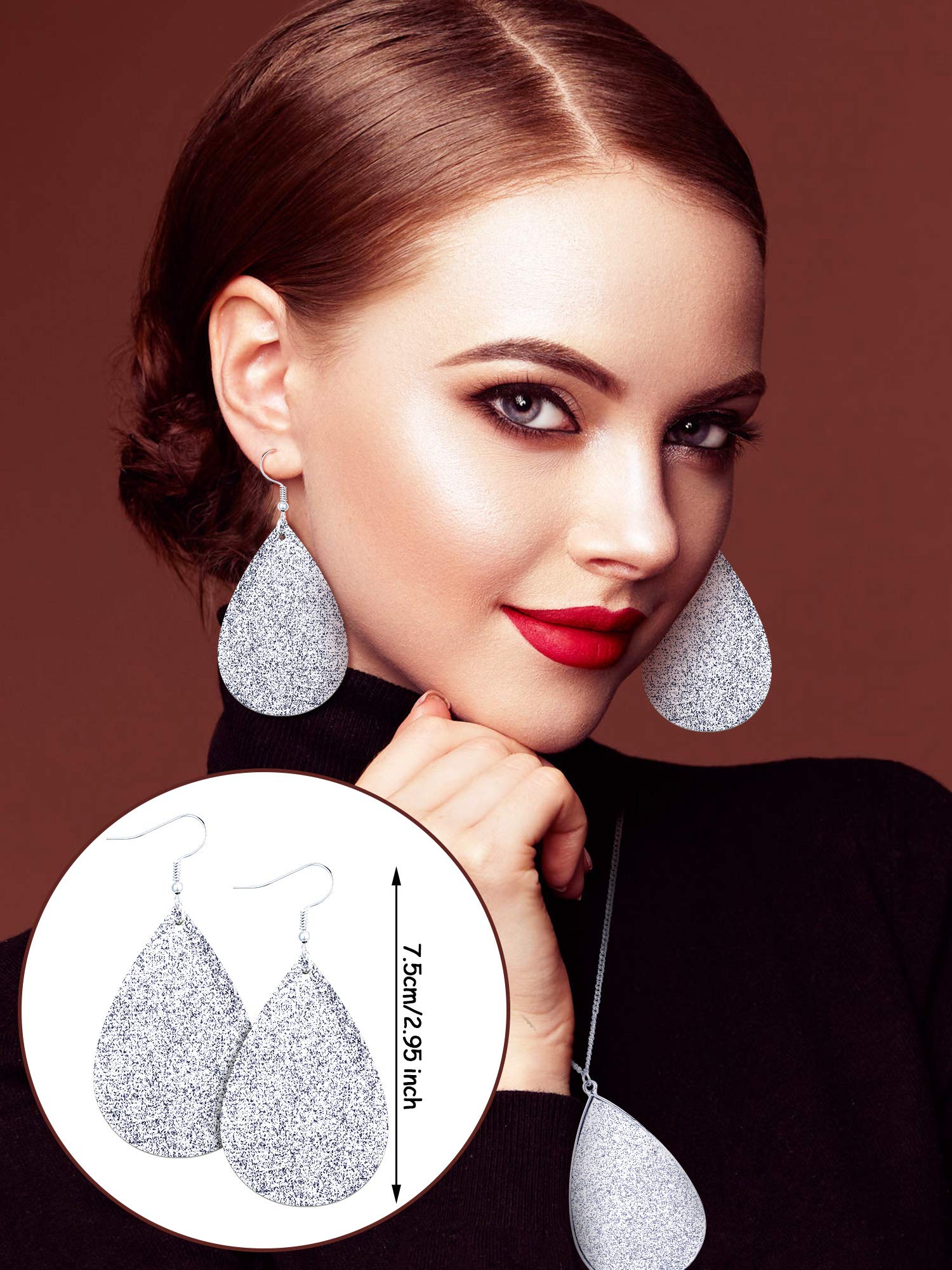 4 Pieces Women's Glitter Jewelry Set Bridal Wedding Multi-Layer Bracelet Faux Leather Dangle Earrings Necklace (Silver)
