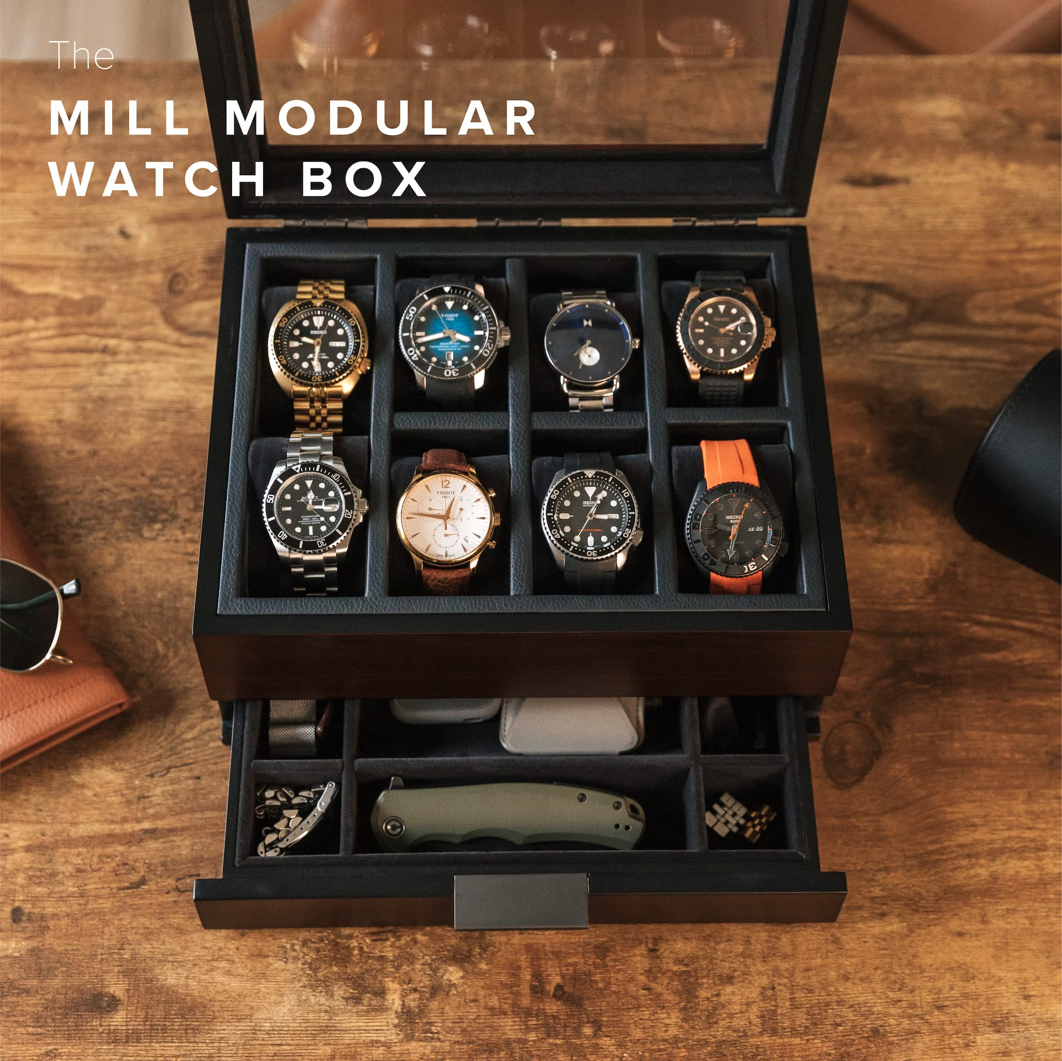 CASE ELEGANCE Monogrammed 8 Slot Watch Box Case Organizer for Men, Cherry Wood Walnut Finish, Watch Display Case, Modular Valet Tray, Compatible with Apple Watch Stand, Accessory Drawer, Pillow Stands