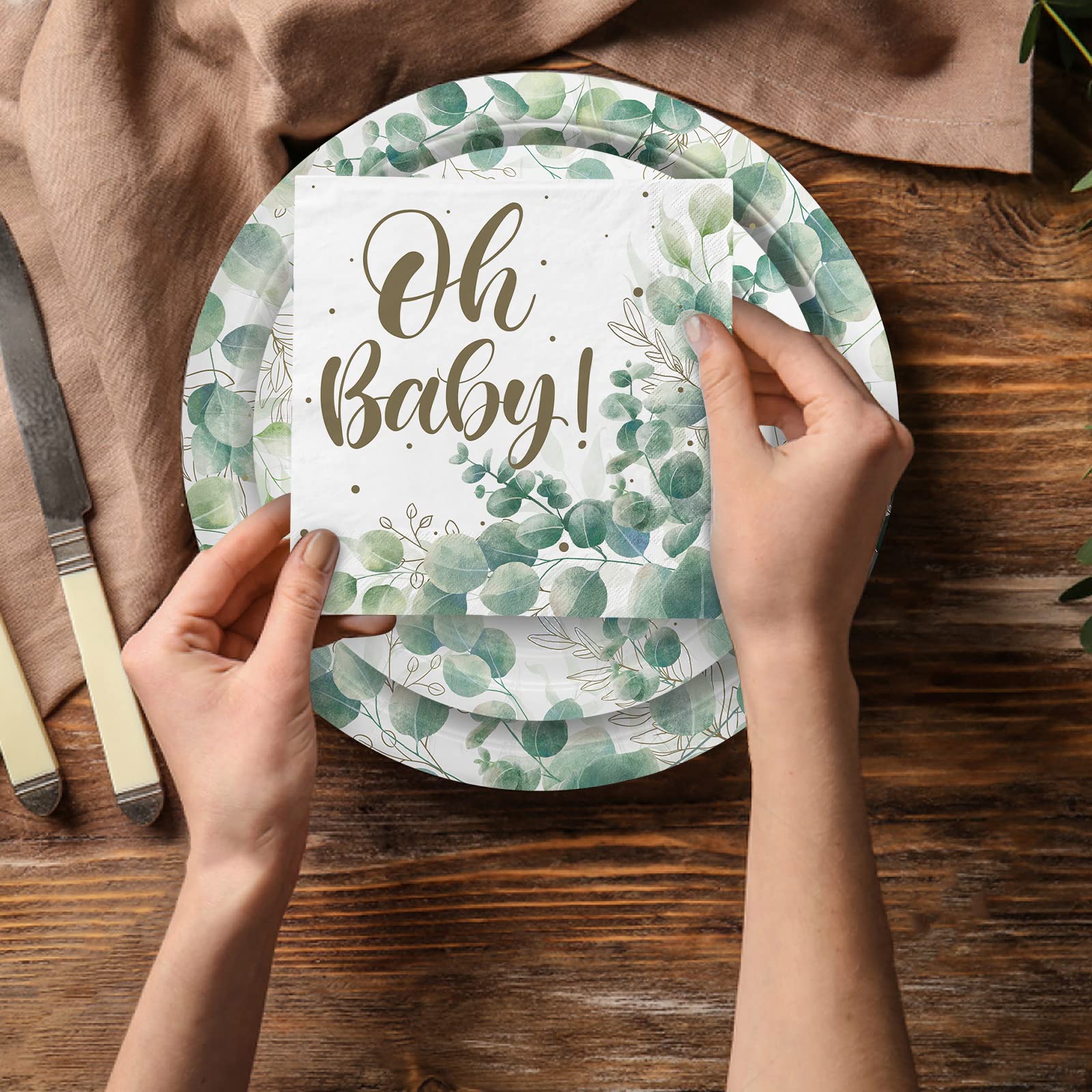 Sage Greenery Baby Shower Party Supplies Disposable Paper Plates Napkins Cups and Tablecloth for Boho Greency Party Decorations, Serve 25.