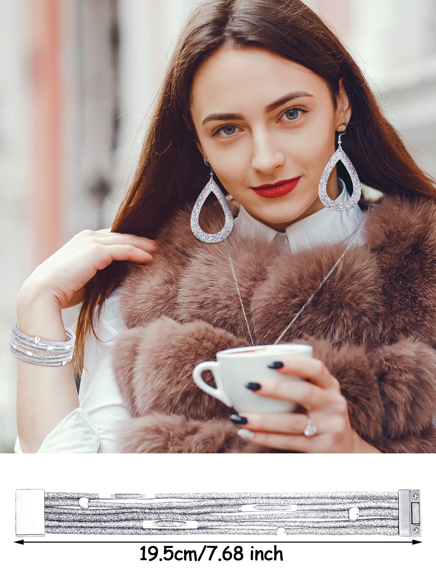 4 Pieces Women's Glitter Jewelry Set Bridal Wedding Multi-Layer Bracelet Faux Leather Dangle Earrings Necklace (Silver)