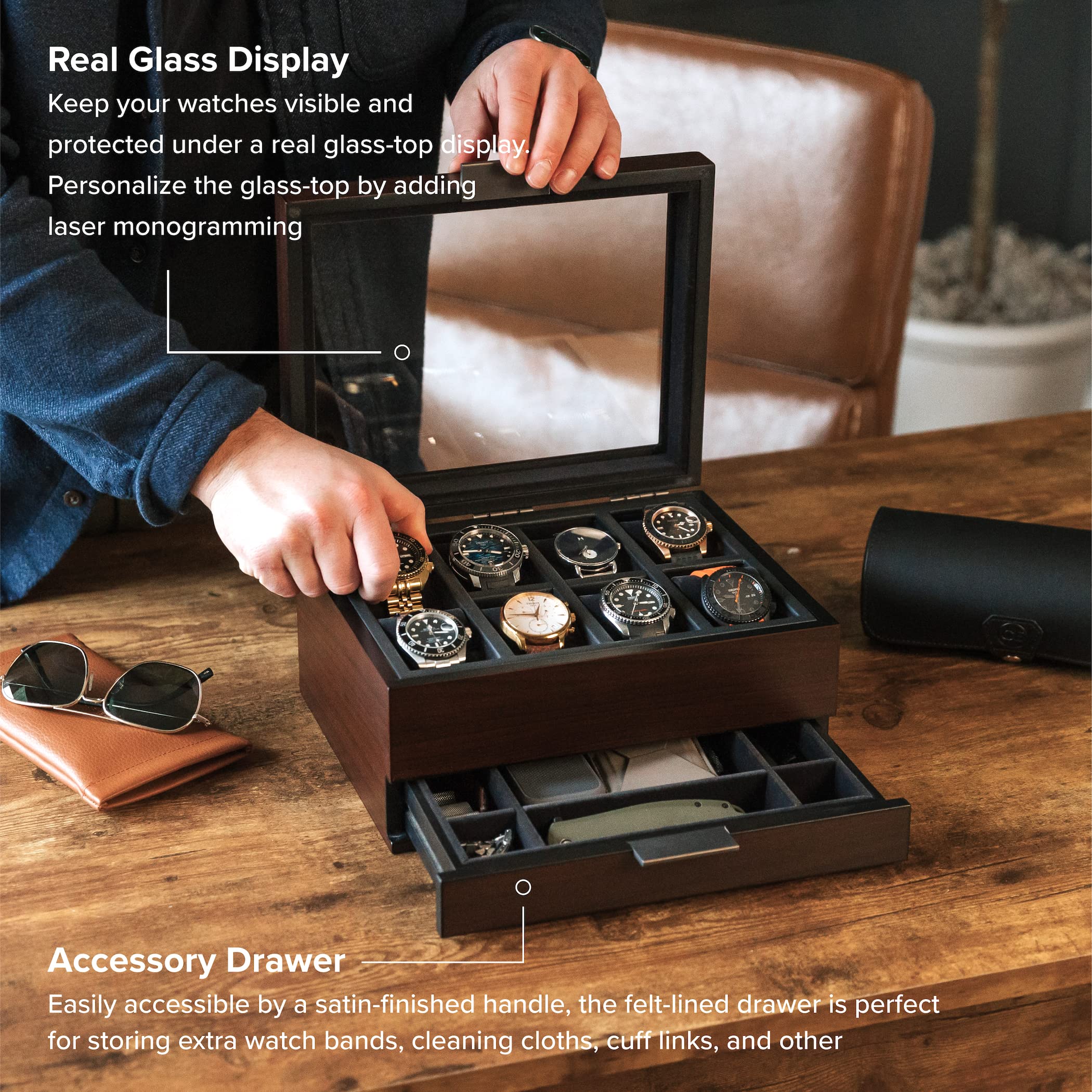 CASE ELEGANCE Monogrammed 8 Slot Watch Box Case Organizer for Men, Cherry Wood Walnut Finish, Watch Display Case, Modular Valet Tray, Compatible with Apple Watch Stand, Accessory Drawer, Pillow Stands