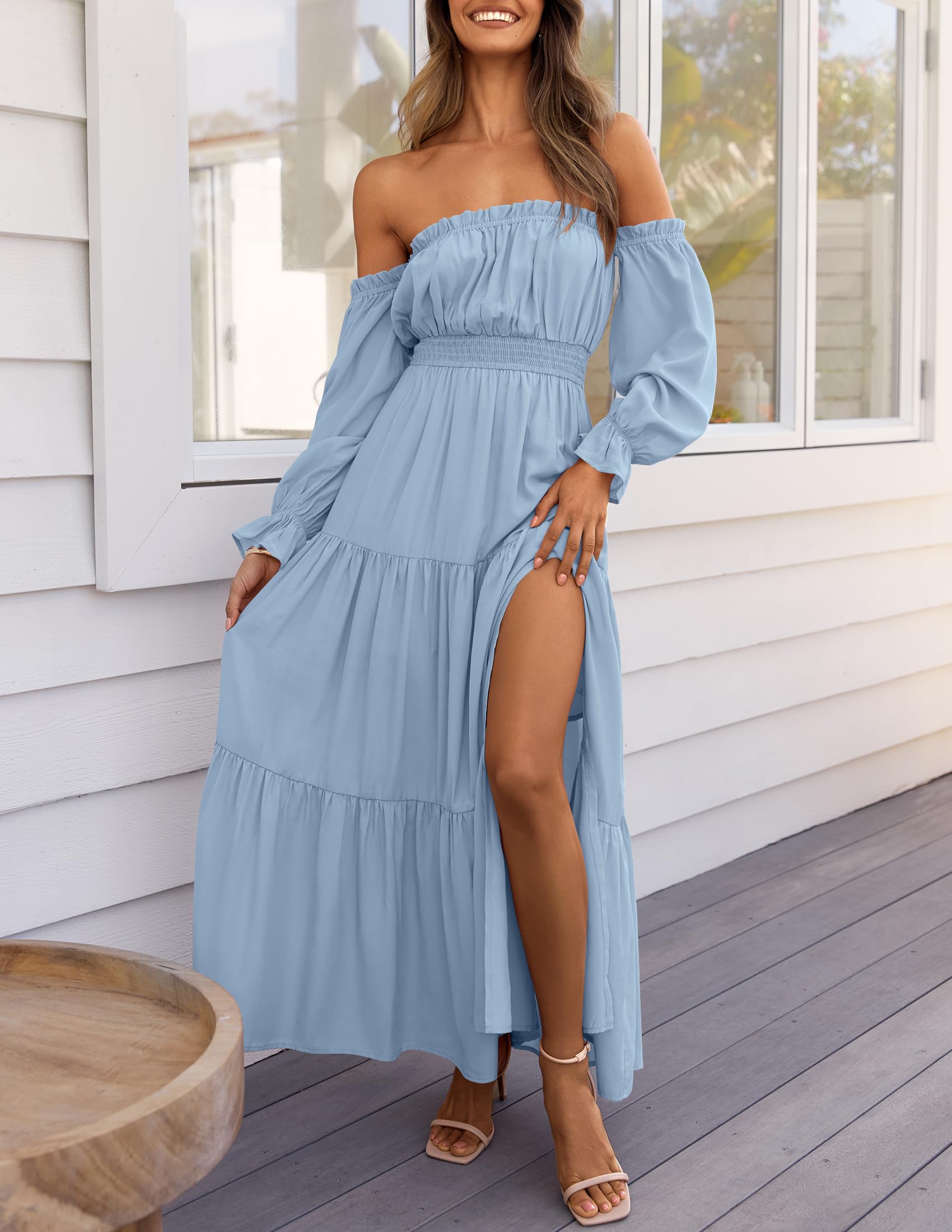 ZESICA Women's 2025 Boho Sexy Off Shoulder Long Sleeve Smocked High Waist Side Split Flowy A Line Tiered Long Maxi Dress,LightBlue,Medium