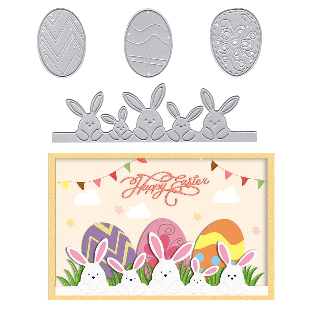 ALIBBON Easter Egg Rabbit Die Cuts for Card Making, Rabbit Edge Border Cutting Dies Metal Template Molds, 3 Lace Eggs Dies for Crafting DIY Photo Album Embossing Scrapbooking Supplies