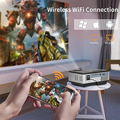 Portable Outdoor Movie Projector Full HD 1080P Supported, Mini WiFi Projector with Bluetooth, Wireless Home Theater Projector with Airplay Mirroring/Smart Android OS/HDMI/USB for Phone Laptop TV Stick