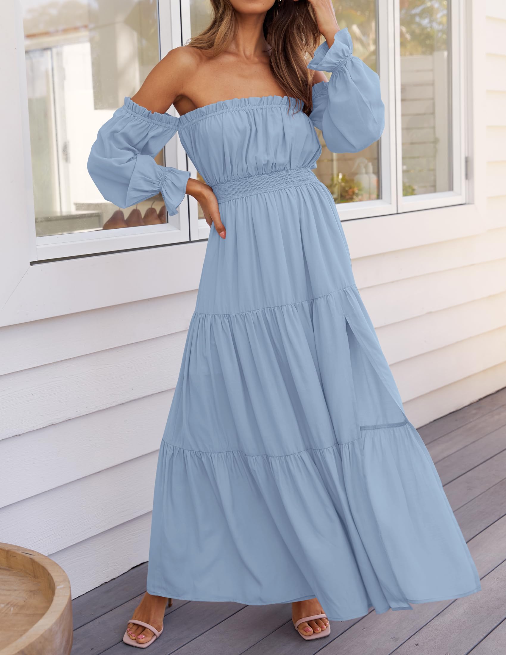 ZESICA Women's 2025 Boho Sexy Off Shoulder Long Sleeve Smocked High Waist Side Split Flowy A Line Tiered Long Maxi Dress,LightBlue,Medium