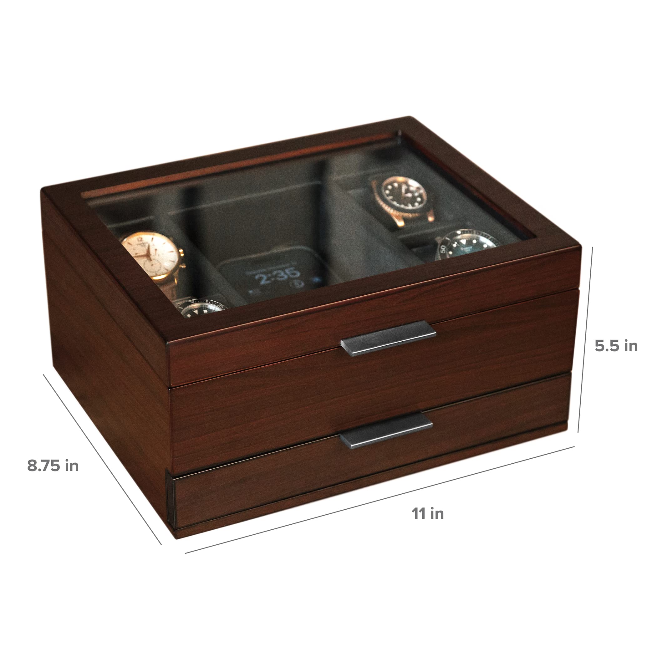 CASE ELEGANCE Monogrammed 8 Slot Watch Box Case Organizer for Men, Cherry Wood Walnut Finish, Watch Display Case, Modular Valet Tray, Compatible with Apple Watch Stand, Accessory Drawer, Pillow Stands