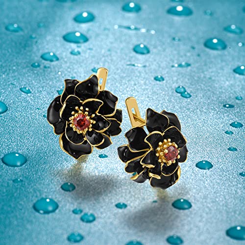 Santuzza Lotus Earrings 925 Sterling Silver Garnet Handmade Enamel Black Flower Dangle Earrings for Women